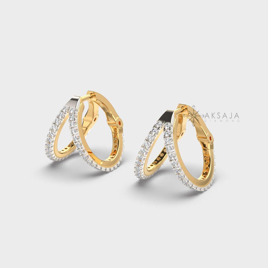 Solid Gold Cluster Diamond Huggies, Lab Grown White Diamond Hoops ...