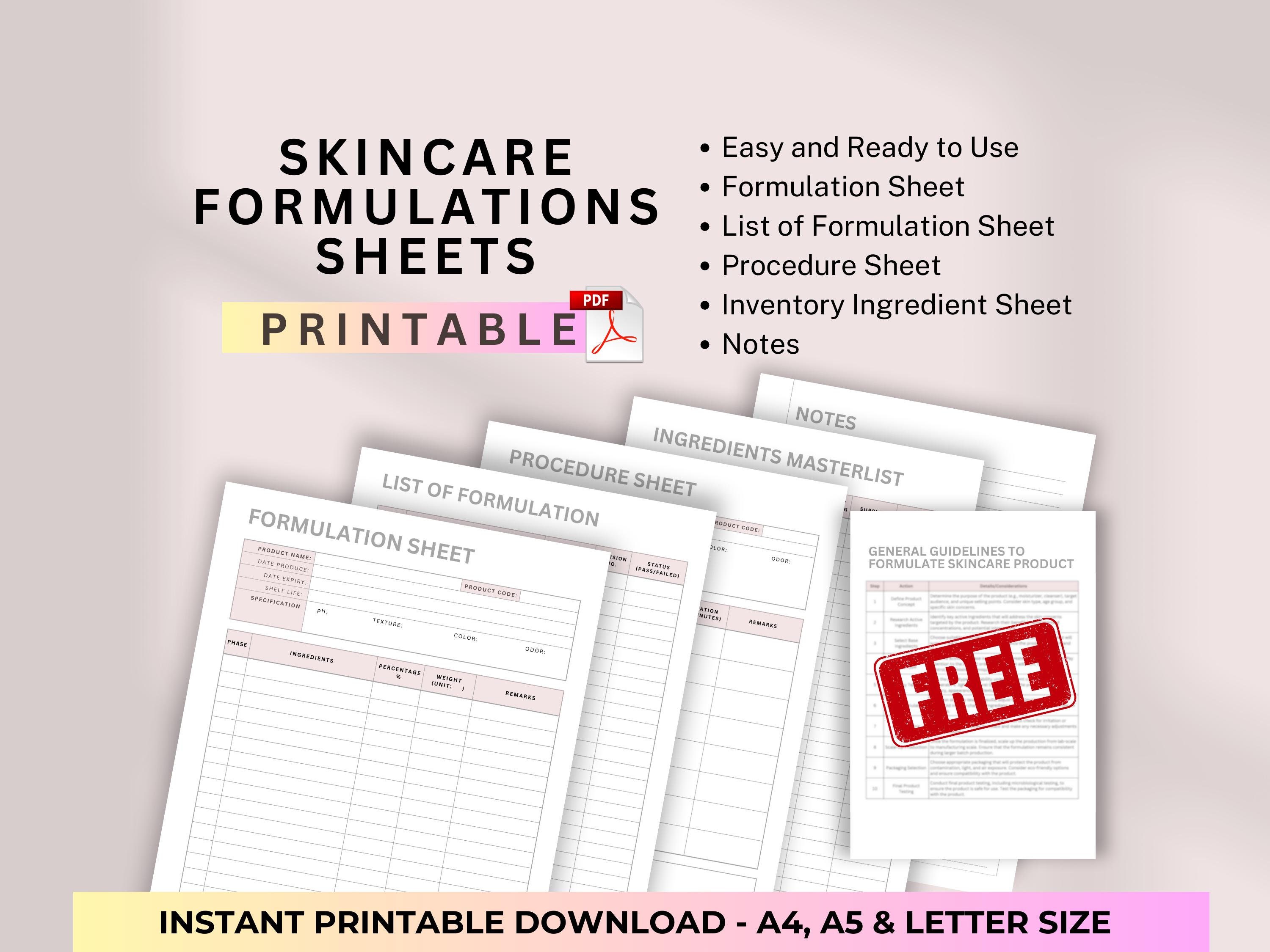 Skincare Formulation Sheets - Printable Sheets for Skincare Formulator ...