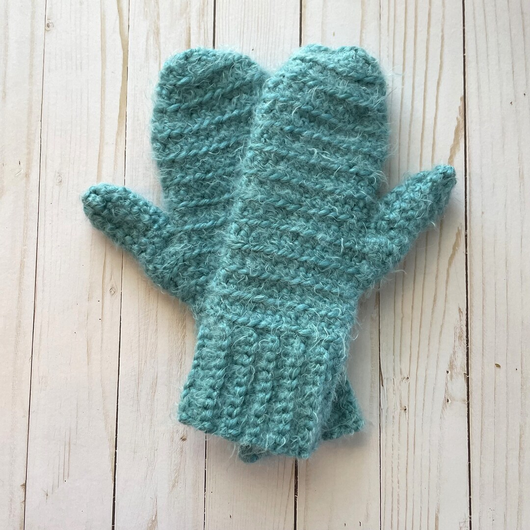 Teal Wool Blend Crochet Handmade Mittens - Etsy