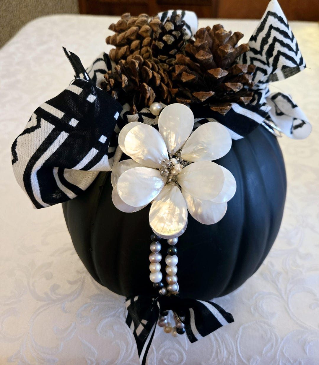 Table Centerpiece, Black and White Pumpkin, Capiz Shell Necklace ...