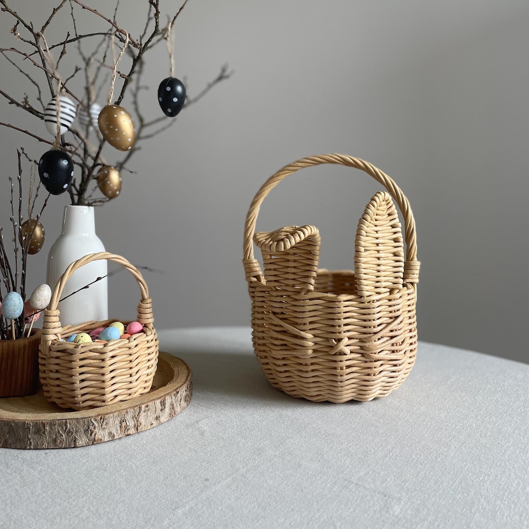 Wicker Easter Basket, Handmade Bunny Basket With Ears and Fluffy Tail ...