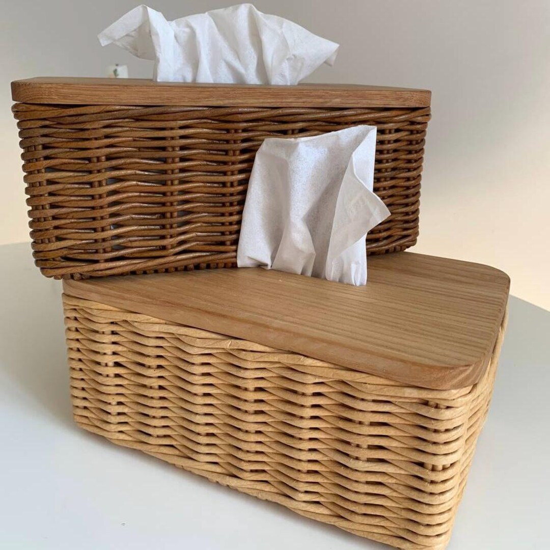 Wicker Napkin Holder, Elegant Tissue Box Cover With Wooden Lid, Rustic ...