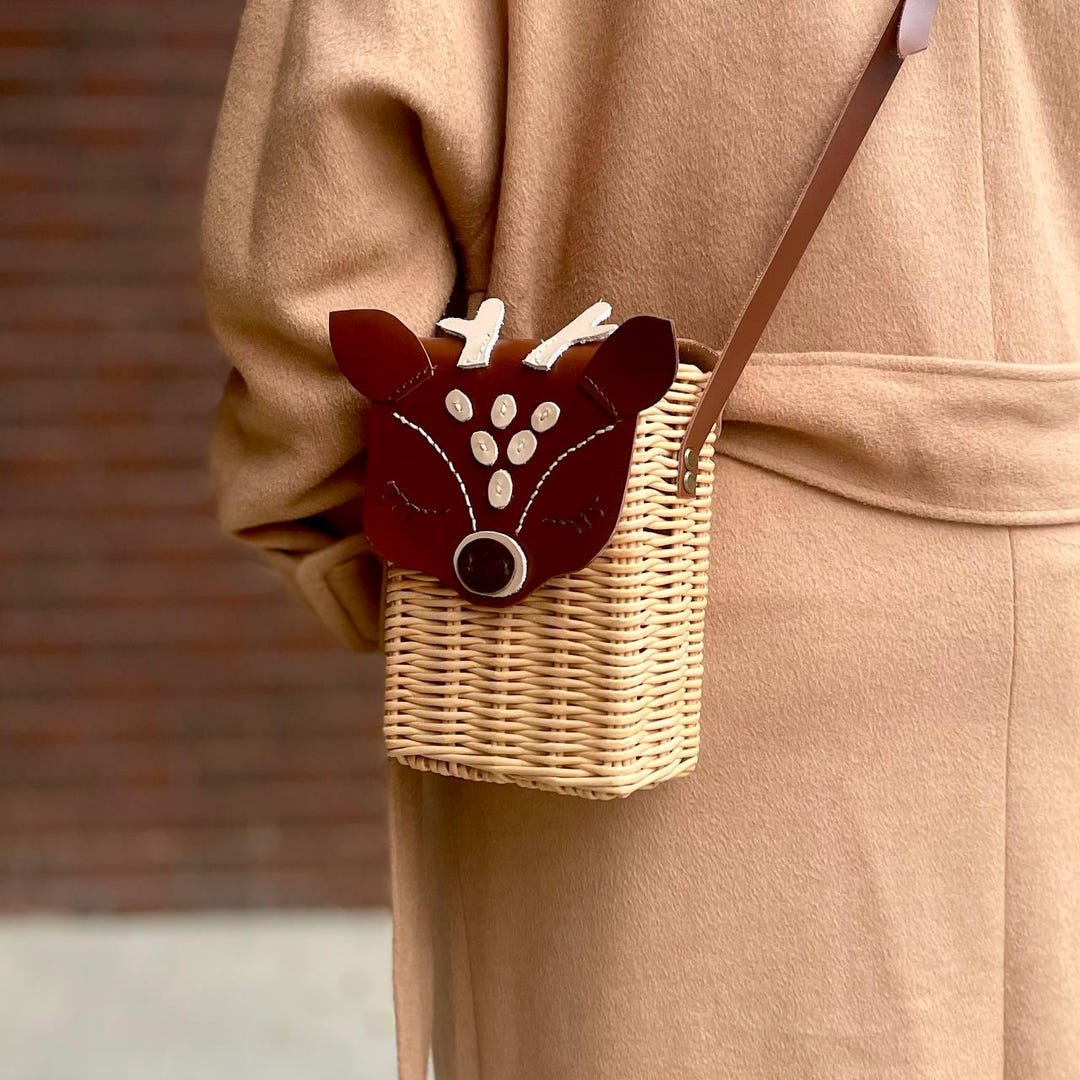 Handmade Deer Bag With Leather Flap, Wicker Crossbody Bag, Deer Face ...