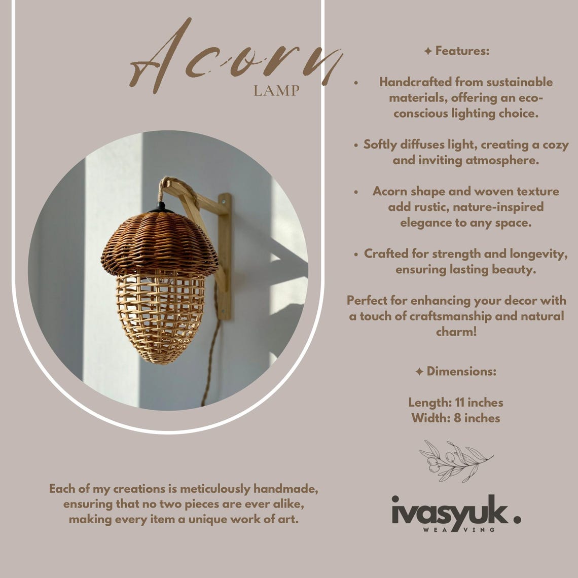 Wicker Wall Sconce – Acorn Lamp, Handmade Rustic Boho Lighting With ...