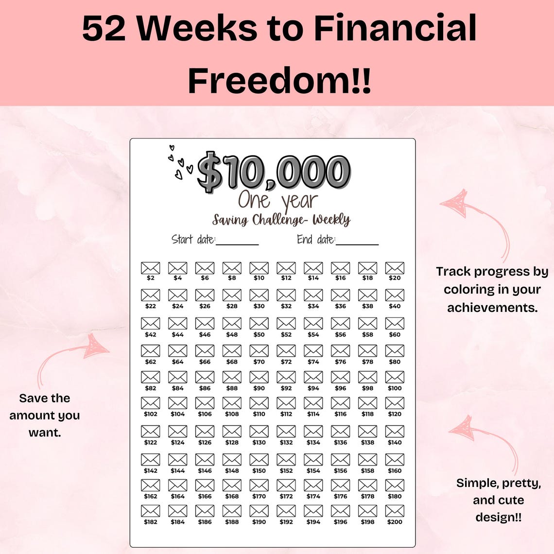 10K Savings Challenge Printable, Letter A4, 52 Weeks Saving Challenge ...
