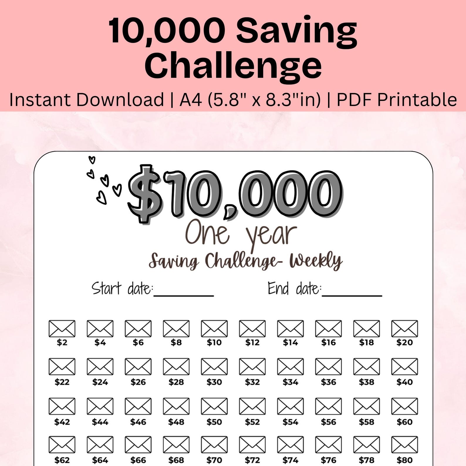 10K Savings Challenge Printable, Letter A4, 52 Weeks Saving Challenge ...