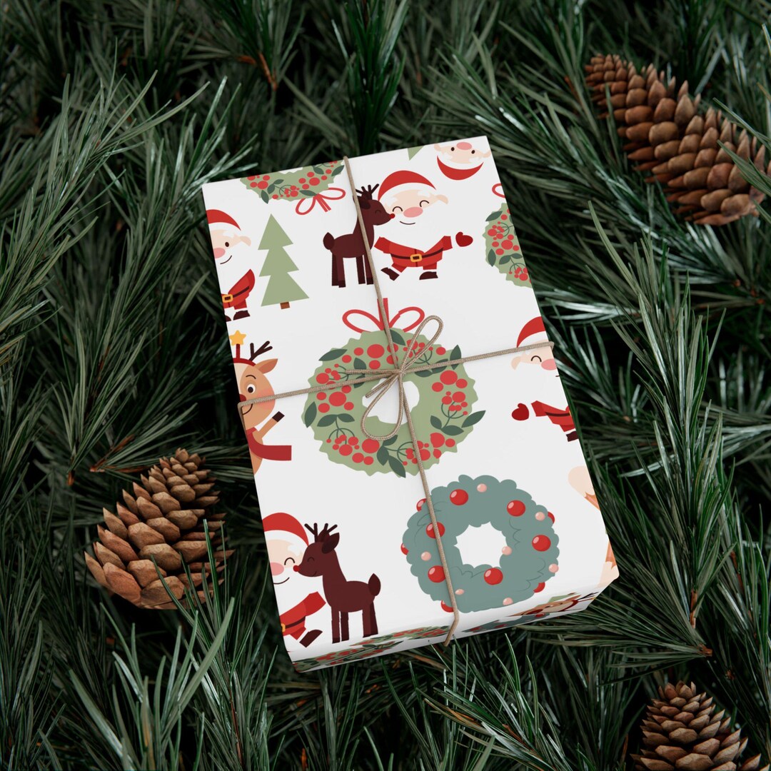Christmas Characters Gift Wrap Paper, Festive Santa, Reindeer and ...