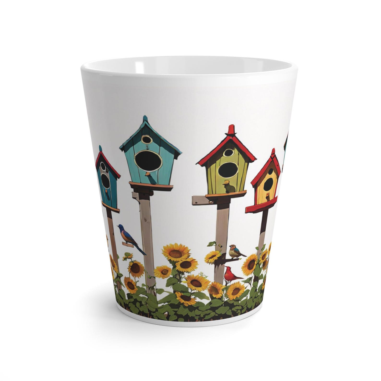 Birdhouse Latte Cup, Colorful Designs, Sunflowers and Vines, Charming ...