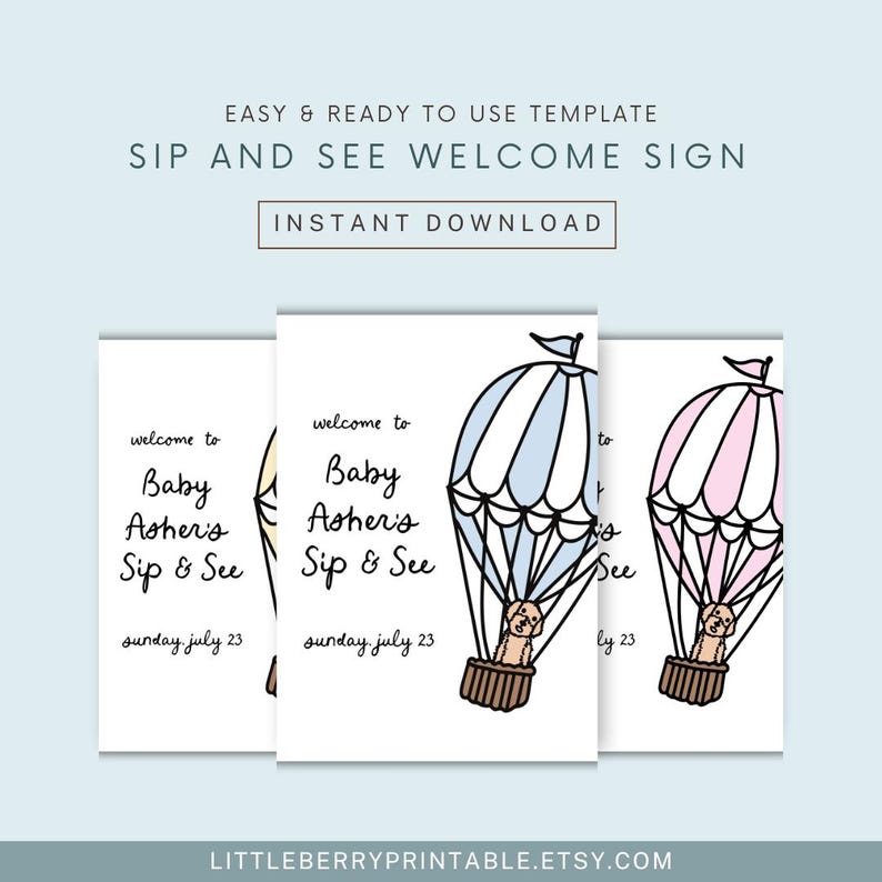 Sip and See Welcome Sign Template, Hot Air Balloon Baby Shower Sign ...