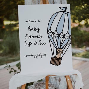 Sip and See Welcome Sign Template, Hot Air Balloon Baby Shower Sign ...