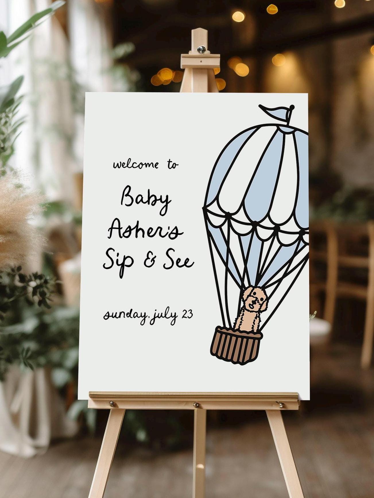 Sip and See Welcome Sign Template, Hot Air Balloon Baby Shower Sign ...