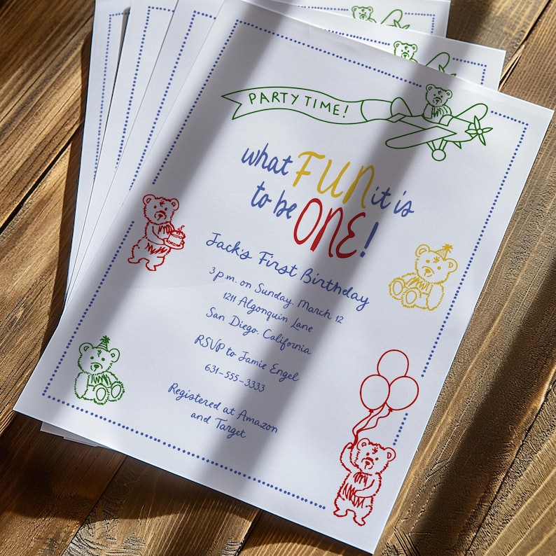 Colorful First Birthday Invitation Template: Whimsical Hand-drawn ...