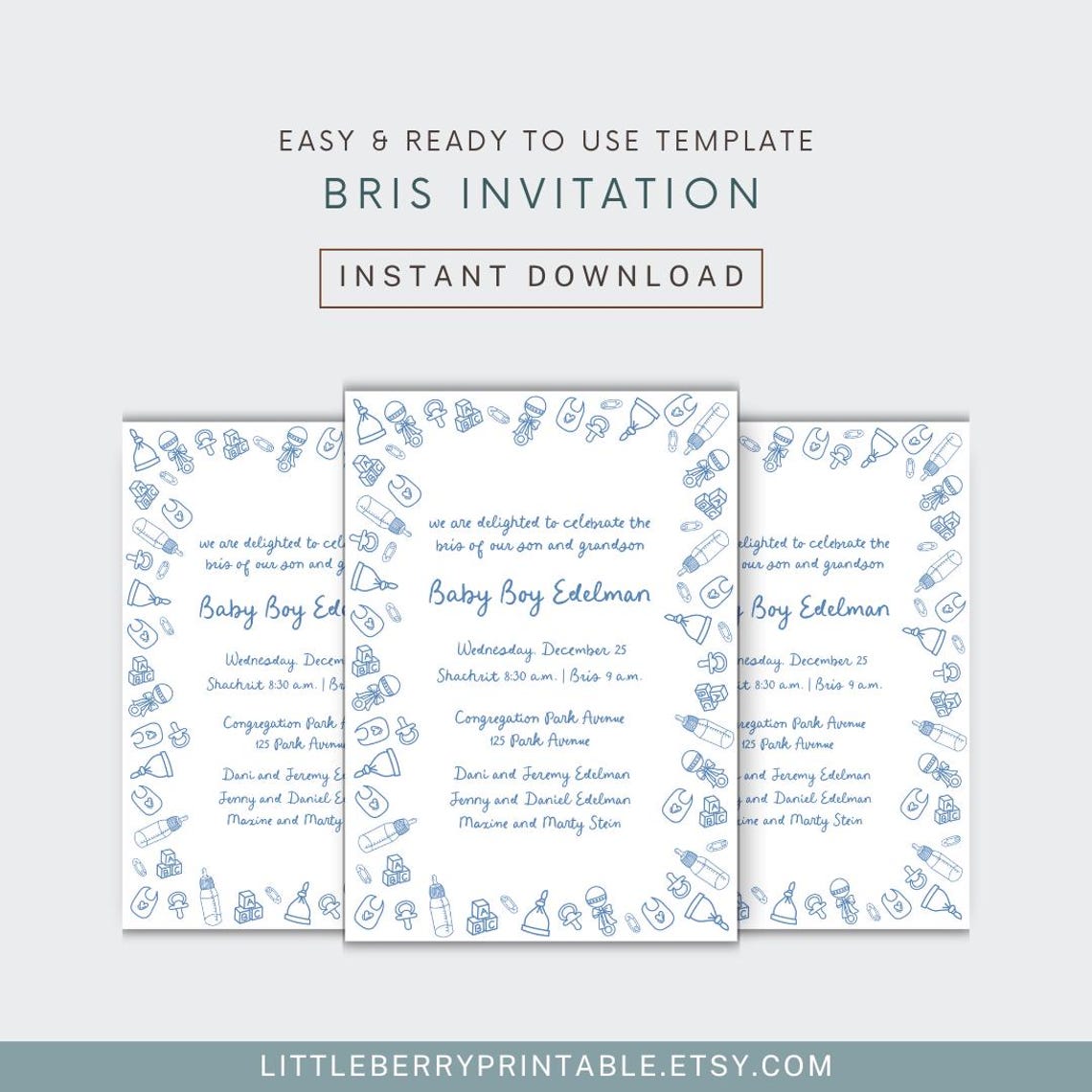 Hand Drawn Bris Invite Template, Brit Milah Invitation, Personalizable ...