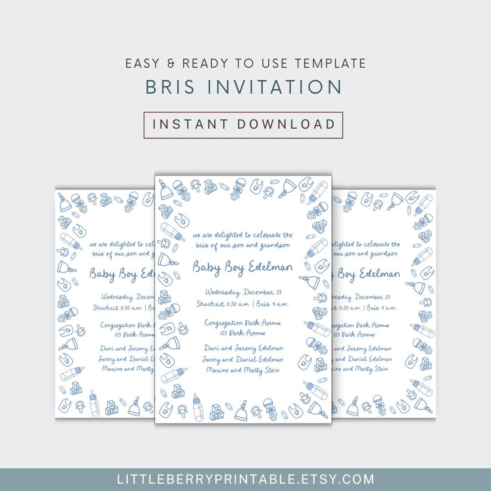 Hand Drawn Bris Invite Template, Brit Milah Invitation, Personalizable ...