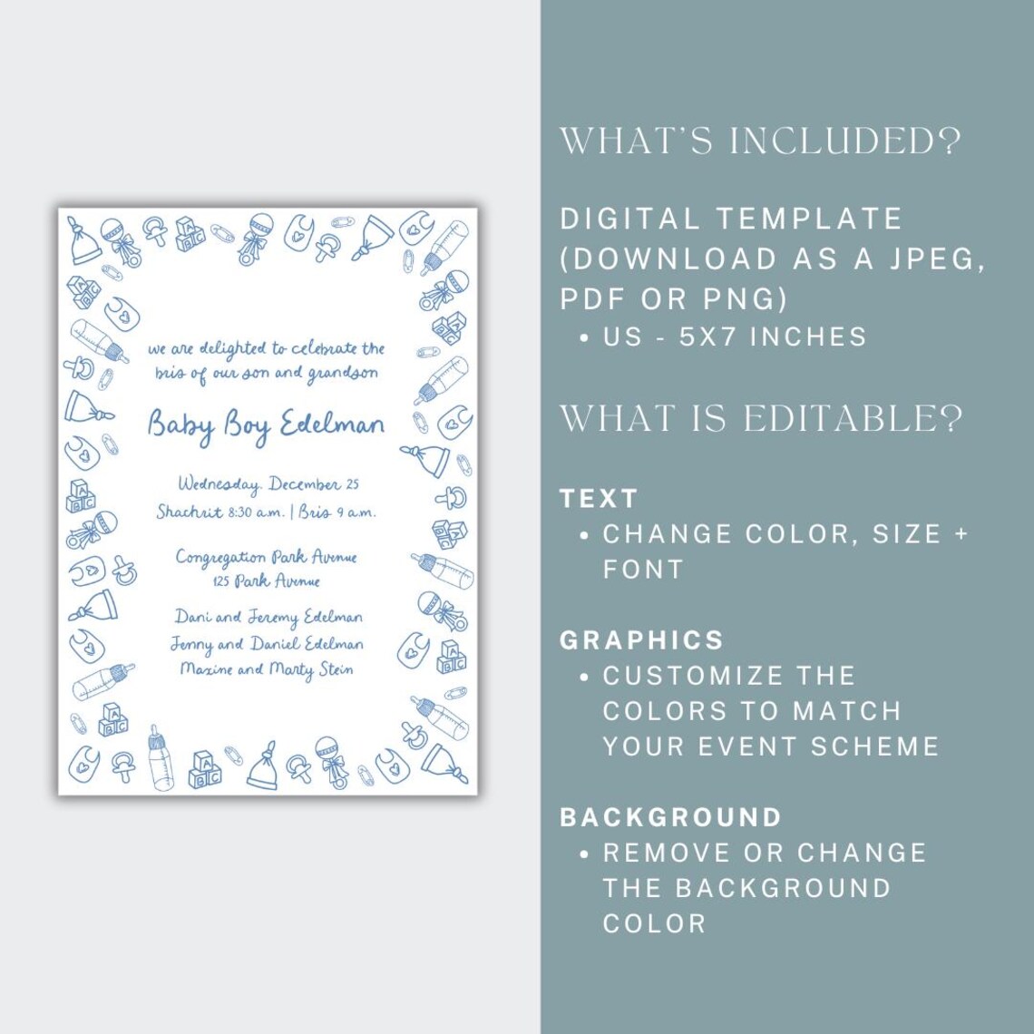 Hand Drawn Bris Invite Template, Brit Milah Invitation, Personalizable ...