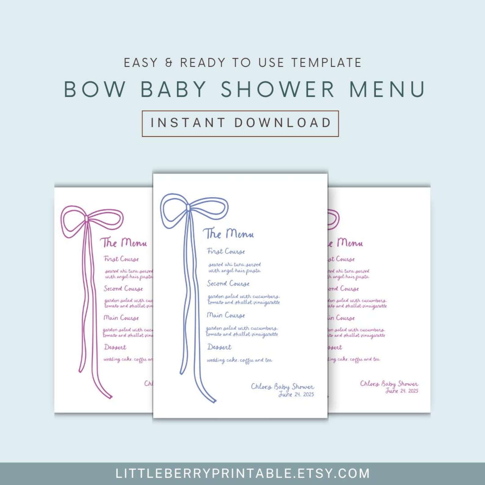 Hand Drawn Baby Shower Menu With Bow, Editable Whimsical Baby Shower ...