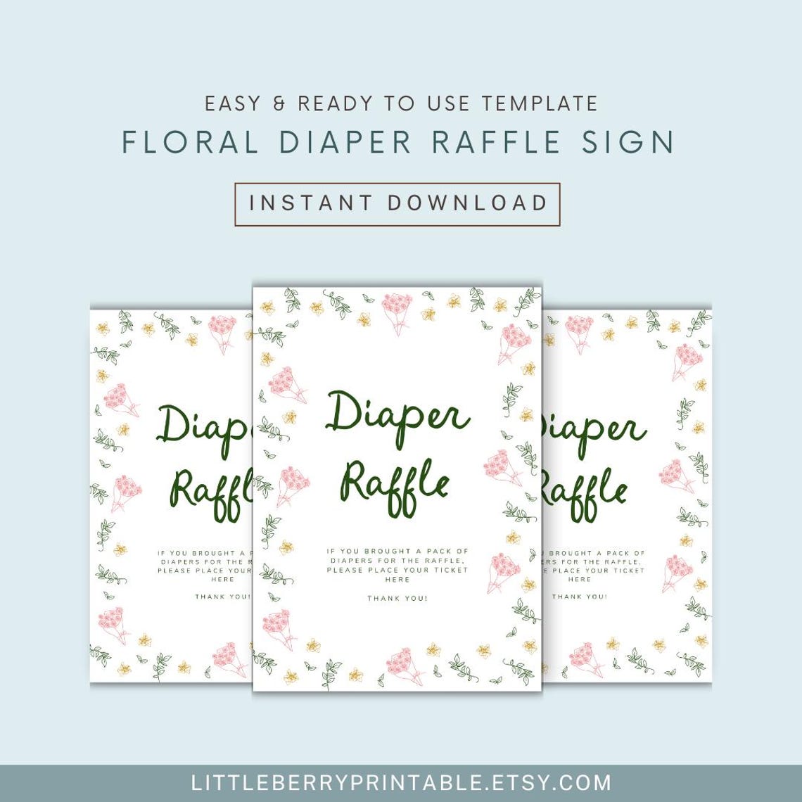 Floral Diaper Raffle Sign Template: Girl Baby Shower (digital Download ...