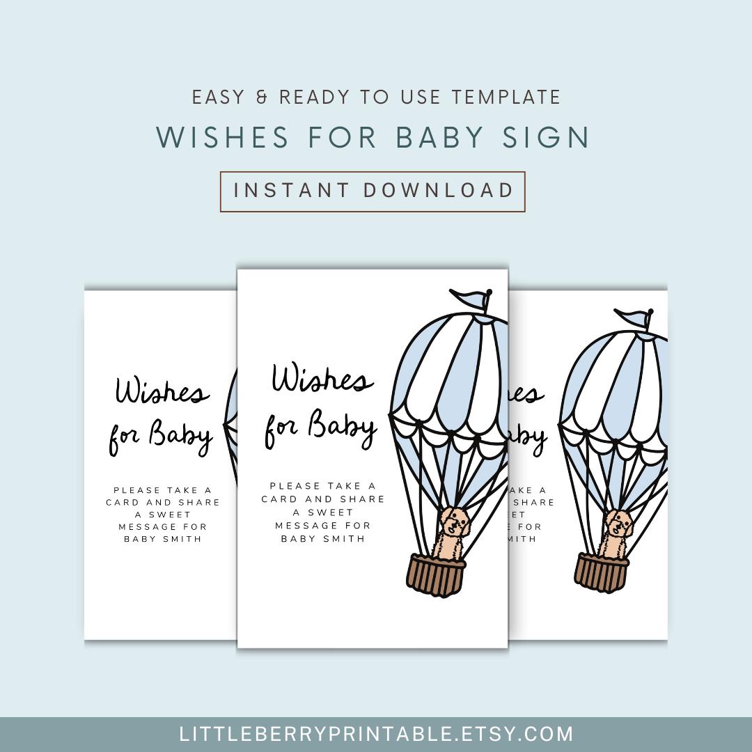 Wishes for Baby Sign Template, Hot Air Balloon Baby Shower Sign, Baby ...