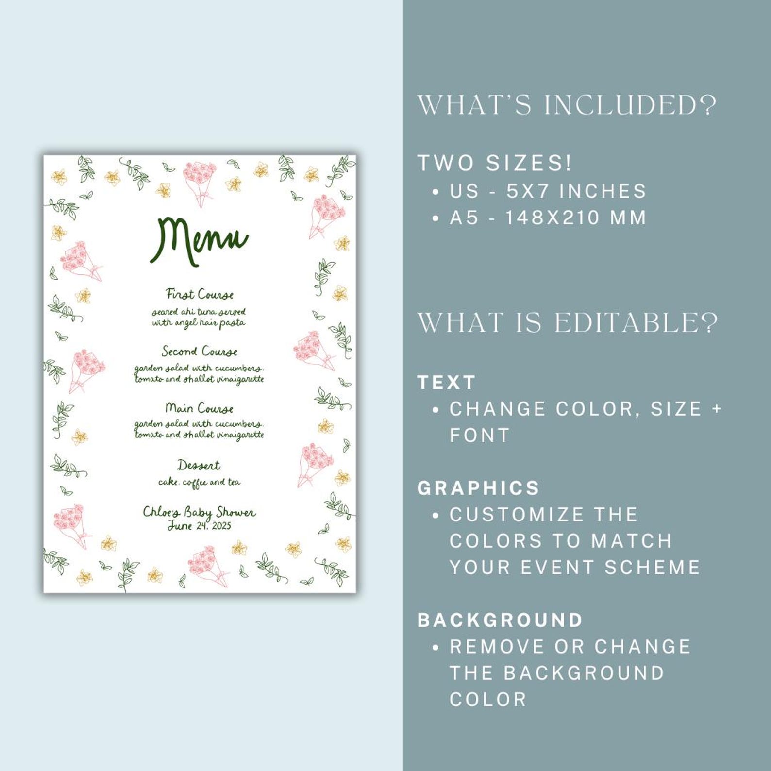 Floral Baby Shower Menu Template, Whimsical Pink Baby Girl Shower Menu ...