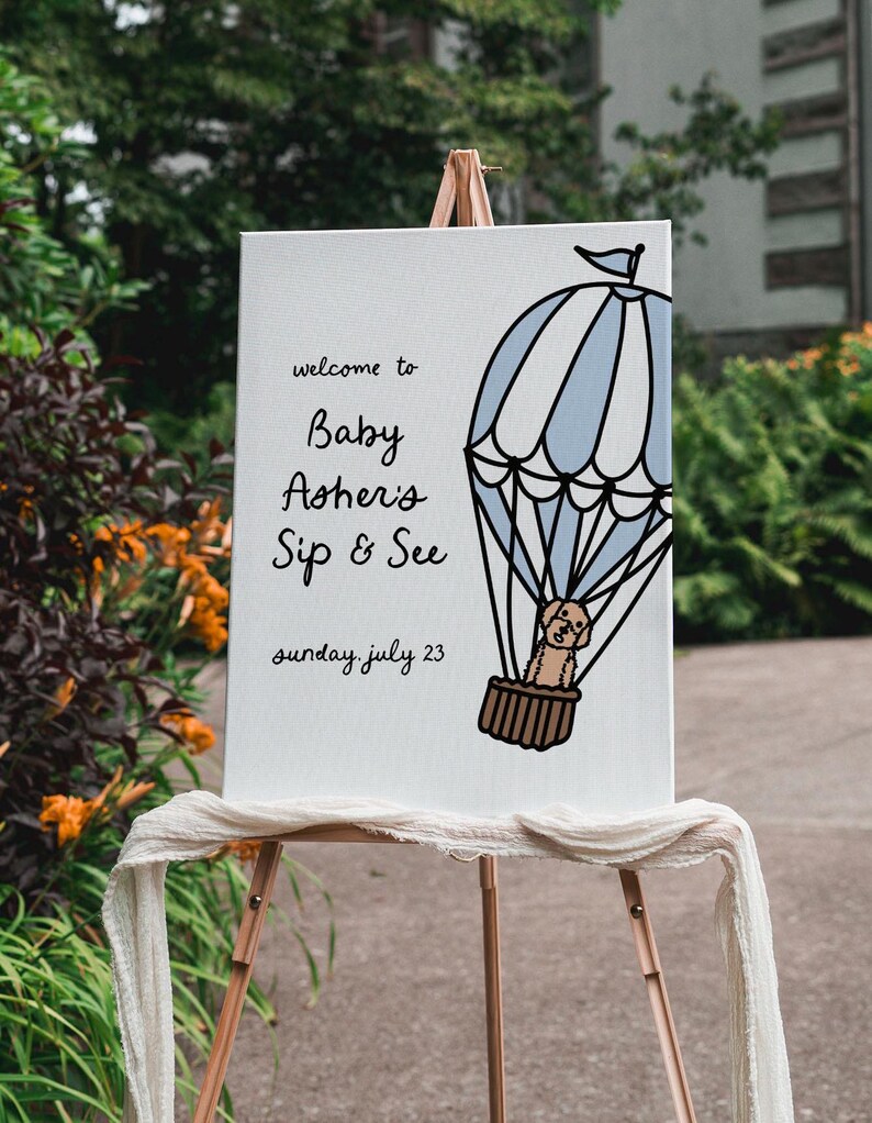 Sip and See Welcome Sign Template, Hot Air Balloon Baby Shower Sign ...