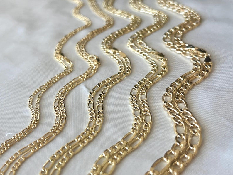 10K Yellow Gold Figaro Link Chain Necklace Anklet Bracelet 7"-9" or 10 ...