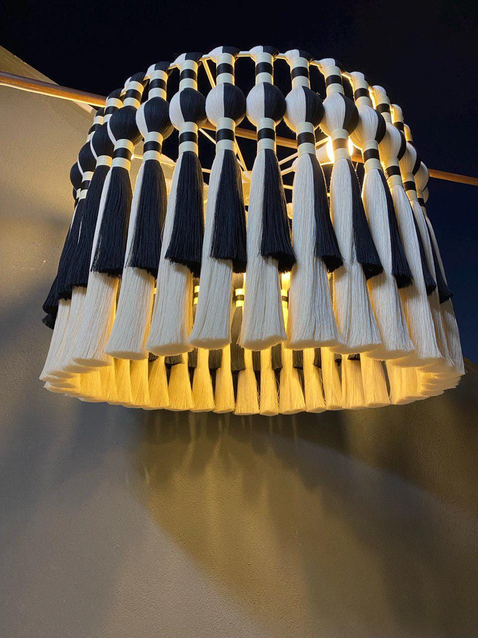 32x24 Inch Modern Macrame Chandelier Black and White Macrame Light ...