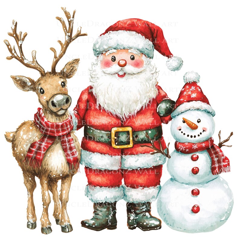 16 Vintage Christmas Trio Clipart: Santa, Reindeer & Snowman in ...
