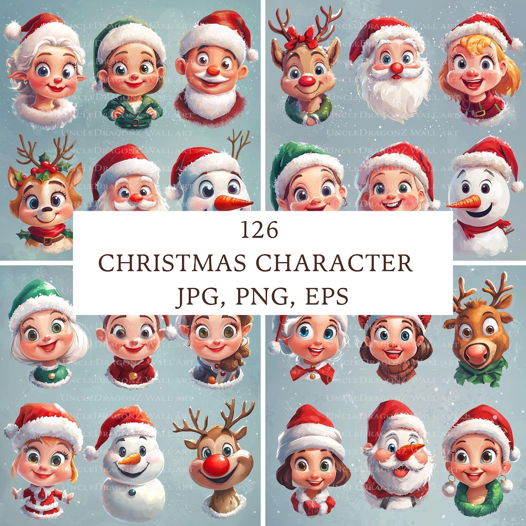 126 Christmas Character Clipart Set JPG, PNG, EPS Files Festive Holiday ...