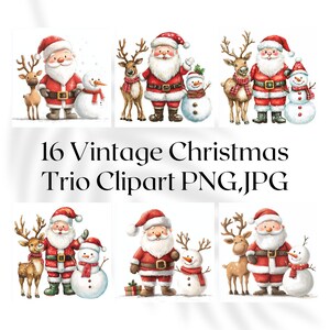 16 Vintage Christmas Trio Clipart: Santa, Reindeer & Snowman in ...