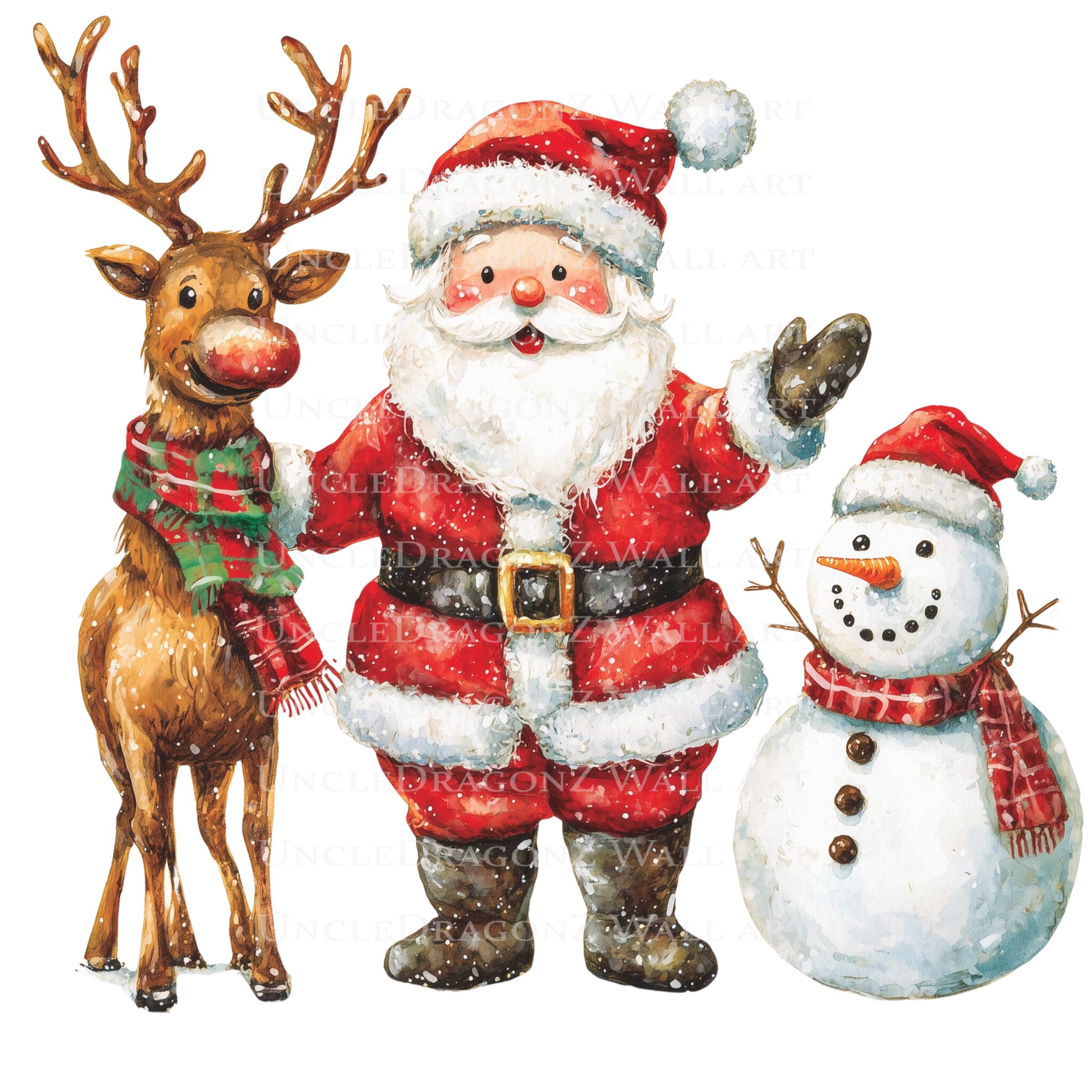 16 Vintage Christmas Trio Clipart: Santa, Reindeer & Snowman in ...