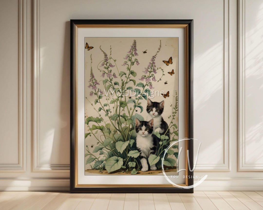 Victorian Kittens Botanical Garden Print: Vintage Cat Wall Art (digital ...