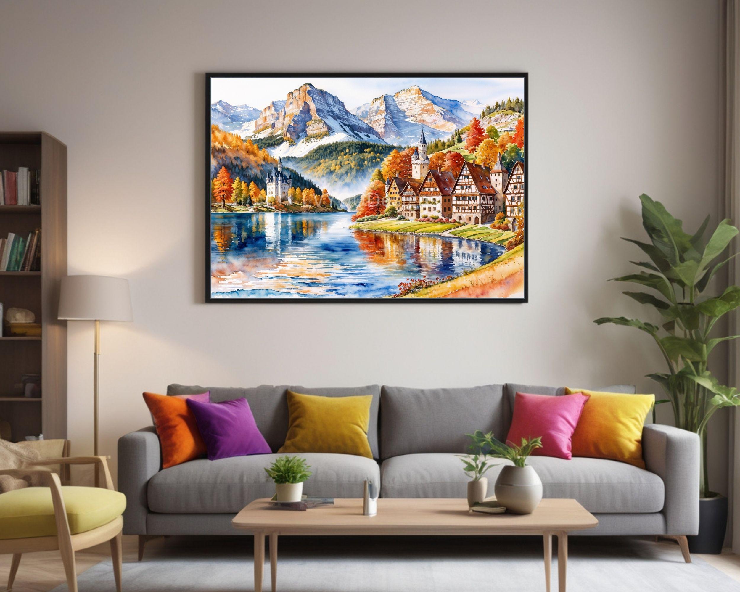 Watercolor Painting of Germanys Iconic Landscapes Bavarian Alps, Lake ...