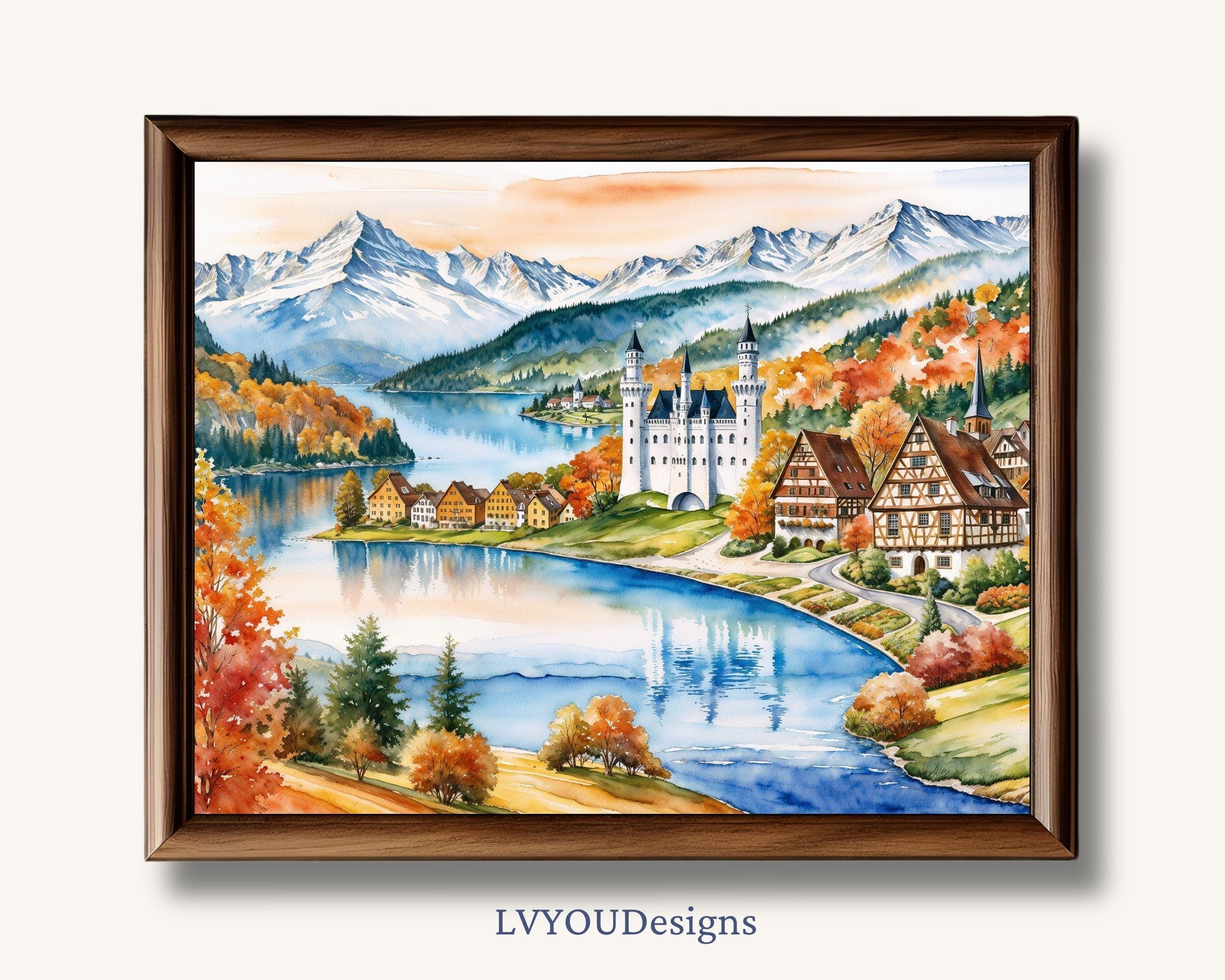 Watercolor Painting of Germany’s Iconic Landscapes – Bavarian Alps ...