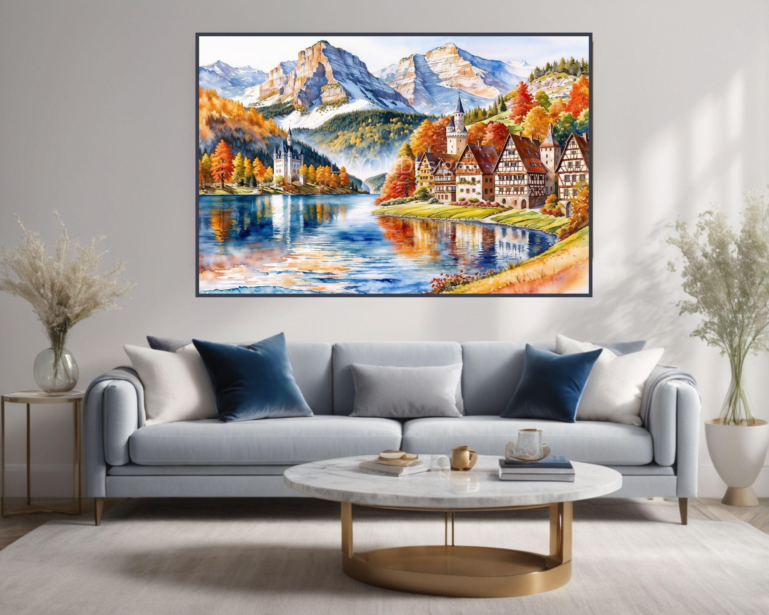 Watercolor Painting of Germanys Iconic Landscapes Bavarian Alps, Lake ...