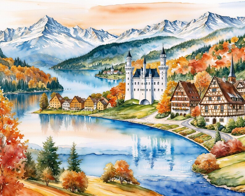 Watercolor Painting of Germany’s Iconic Landscapes – Bavarian Alps ...