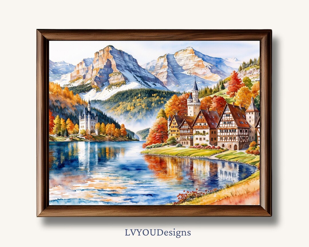 Watercolor Painting of Germanys Iconic Landscapes Bavarian Alps, Lake ...