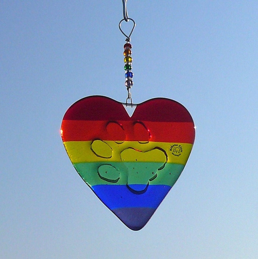 Large Rainbow Paw Heart Handmade Fused Glass - Etsy