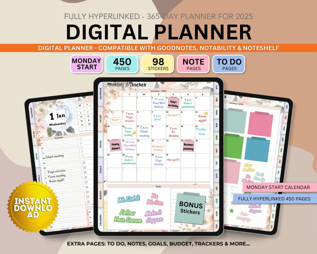 2025 Digital Planner: Monday Start, Goodnotes & Notability Compatible ...