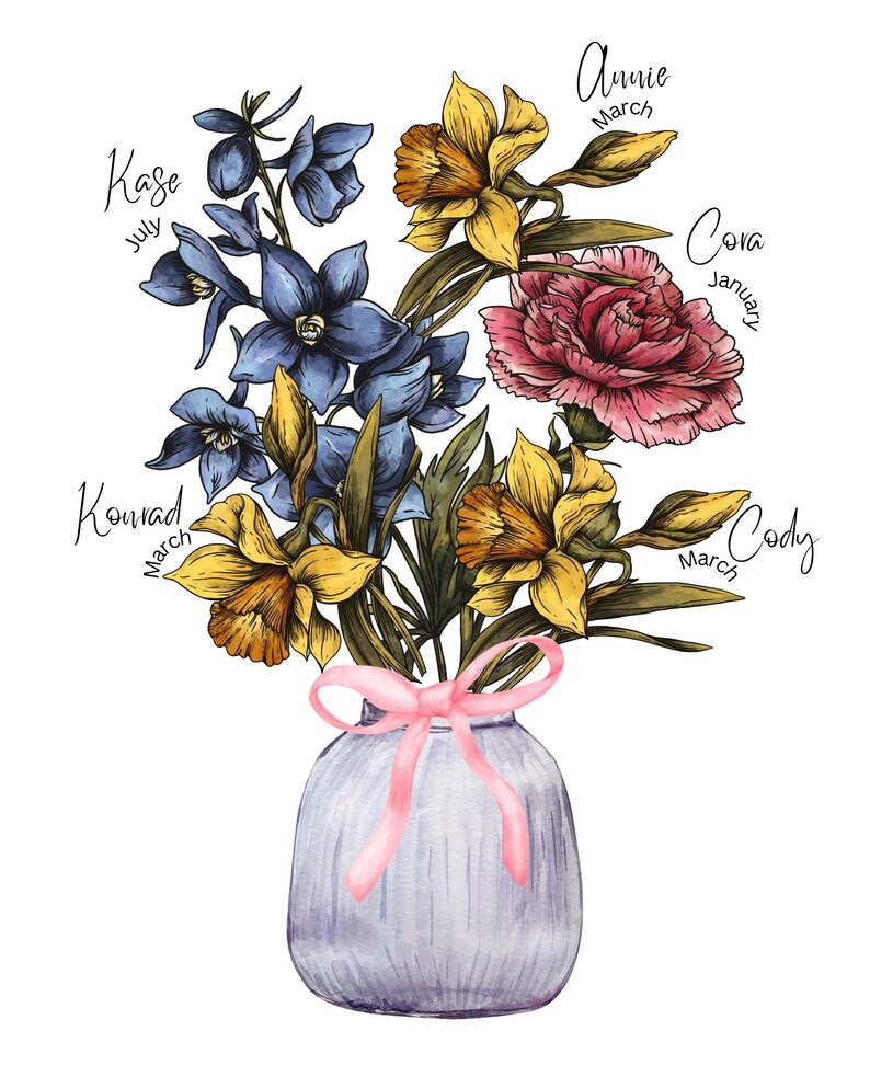 Custom Birth Flower Family Bouquet, Birth Month Flower Art Custom, Hand ...