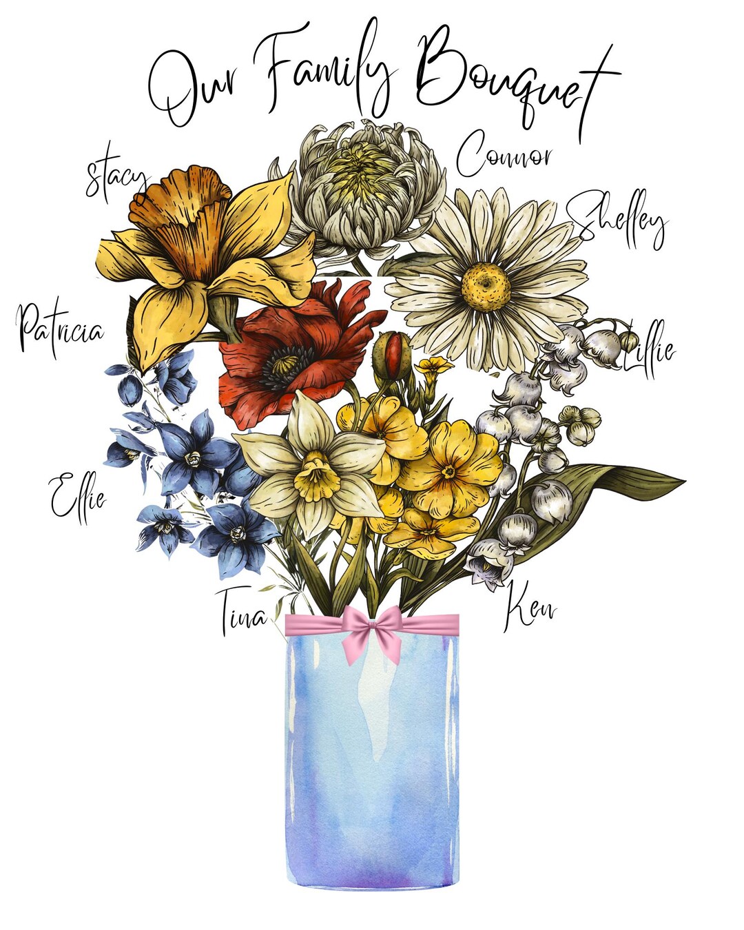 Birth Flower Family Bouquet, Birth Month Flower Art Custom, Hand Drawn ...