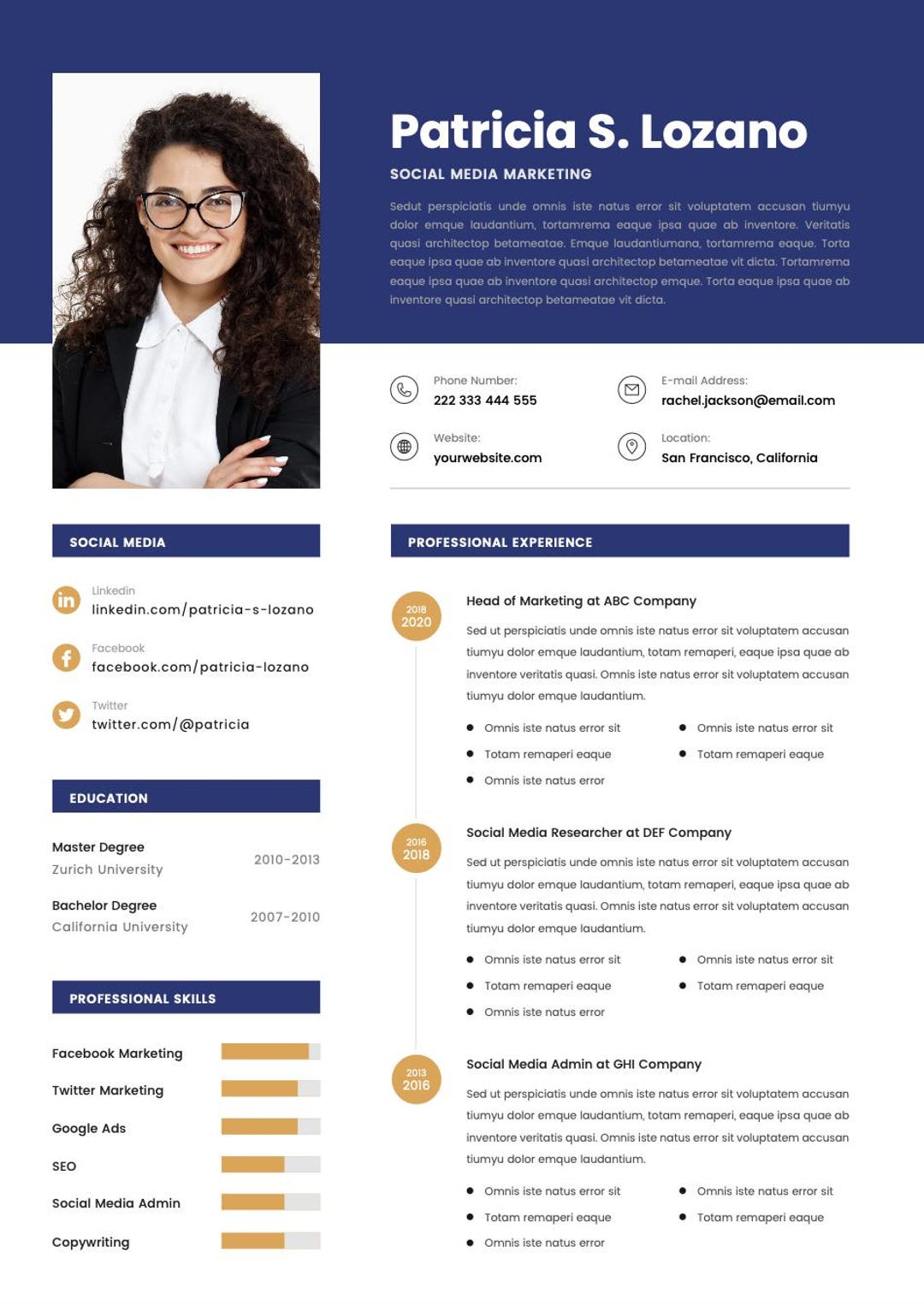 Navy Resume Template | Social Media Marketing CV for Professionals - Etsy