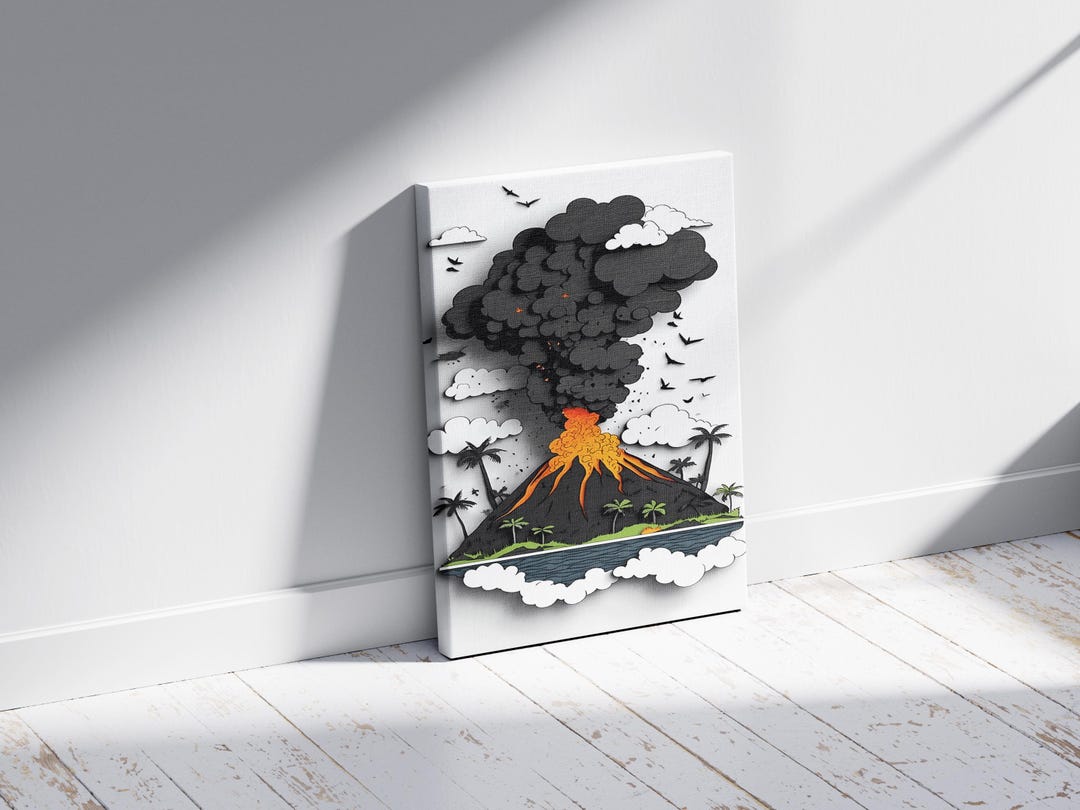 Volcano Eruption Wall Art, 3D Layered Paper Cut Style, Modern Nature ...
