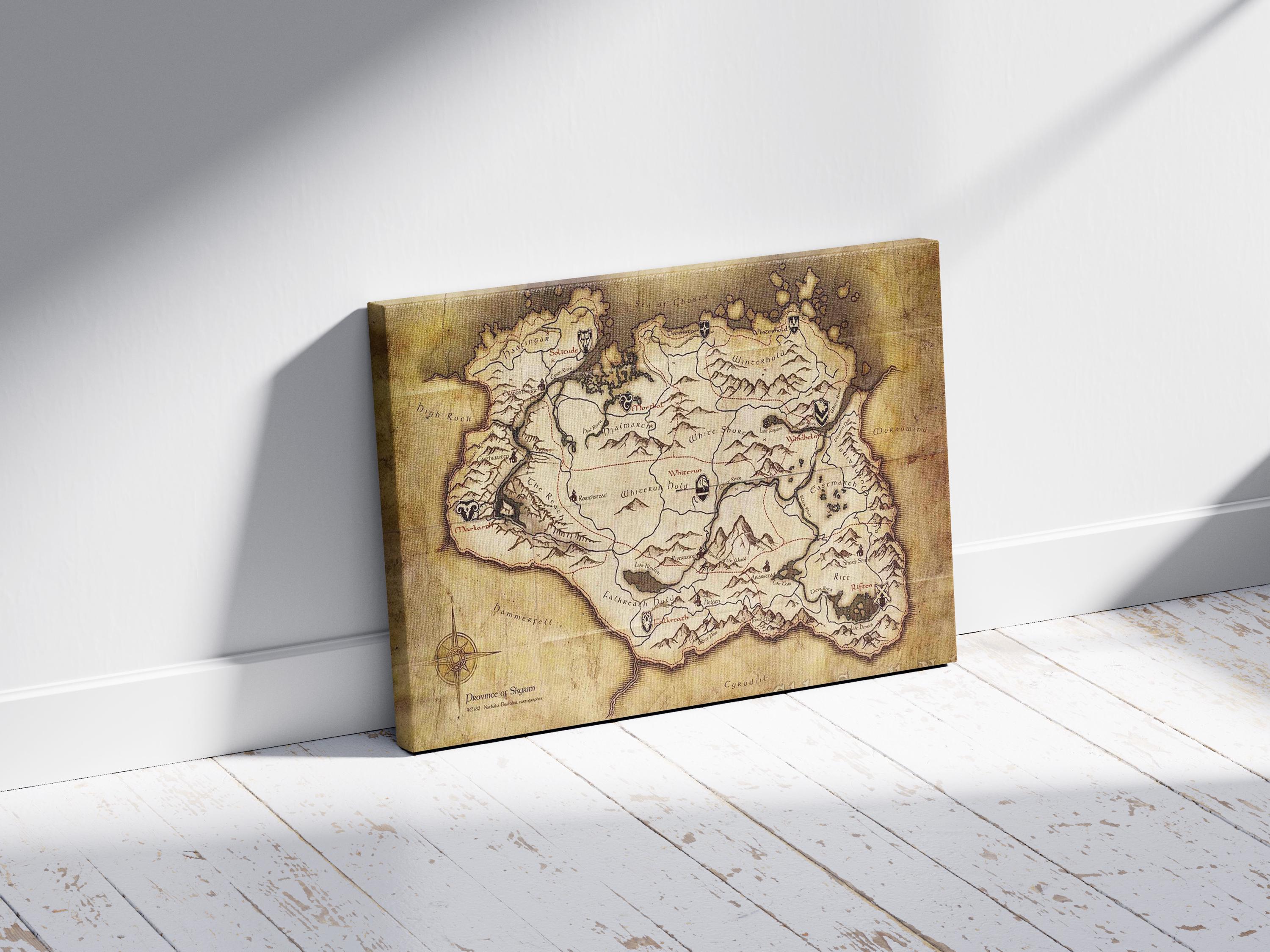 Skyrim Map Poster, Tamriel Map, Map of Skyrim Canvas, Skyrim Map Poster ...