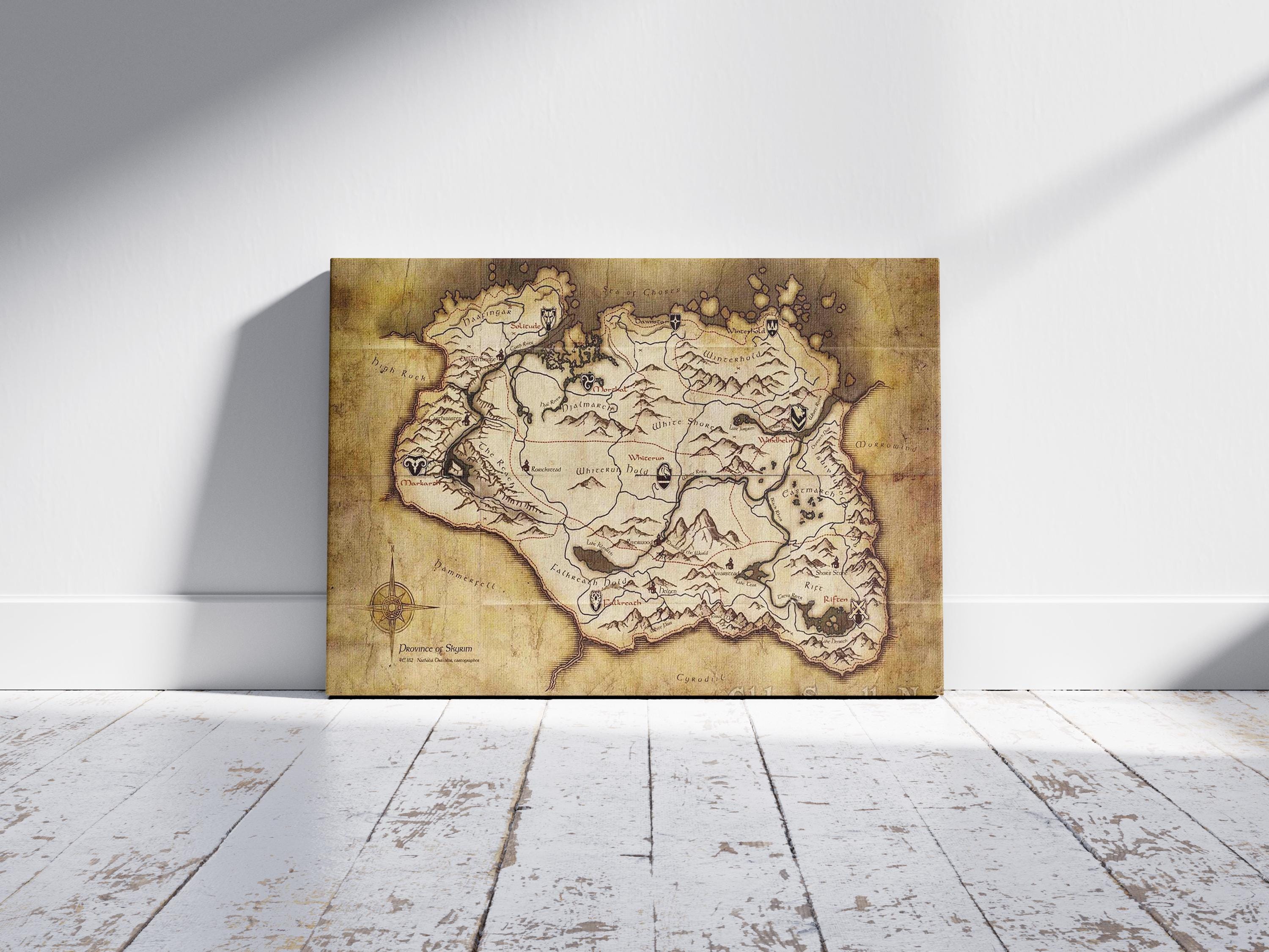 Skyrim Map Poster, Tamriel Map, Map of Skyrim Canvas, Skyrim Map Poster ...