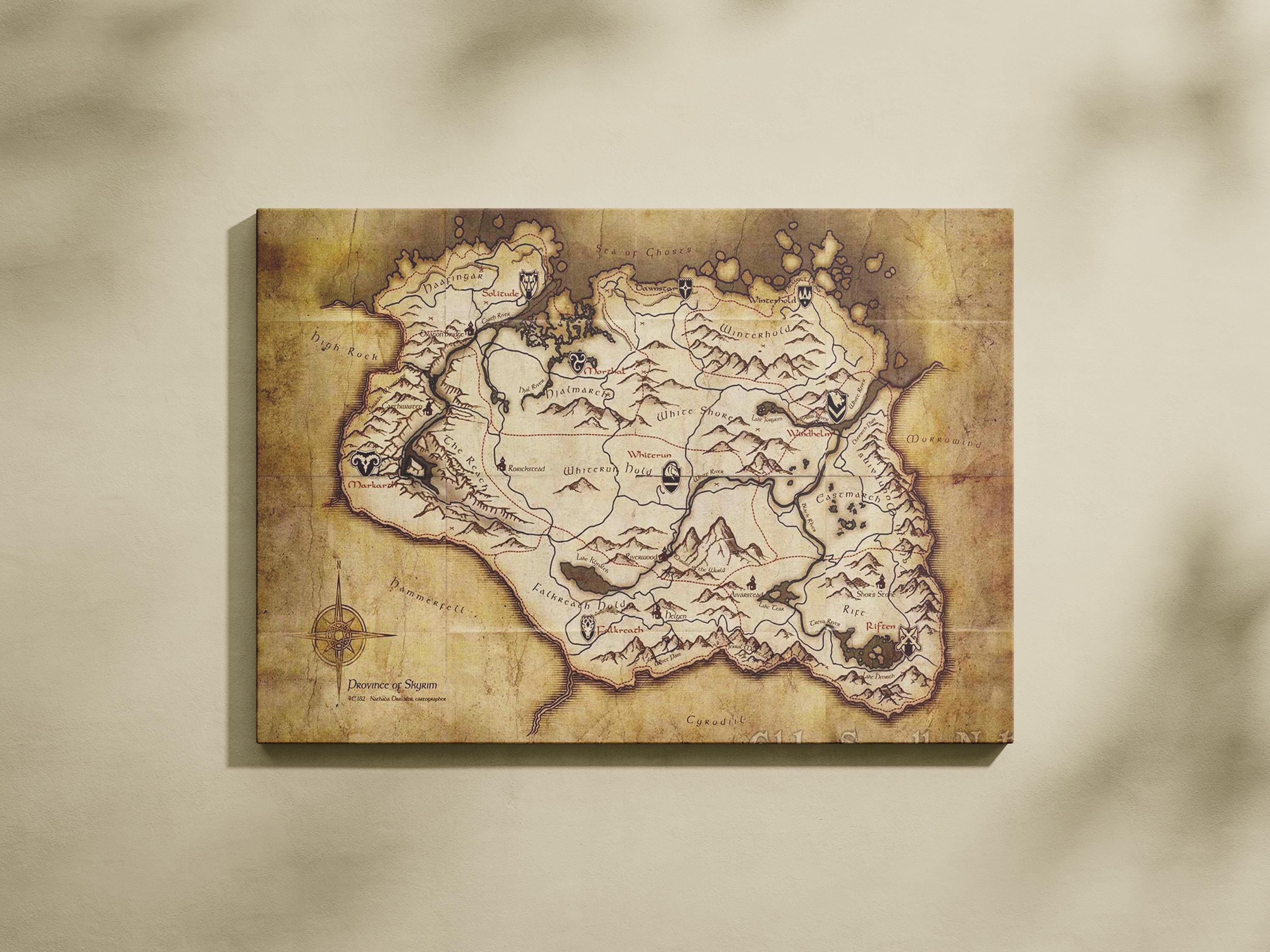 Skyrim Map Poster, Tamriel Map, Map of Skyrim Canvas, Skyrim Map Poster ...