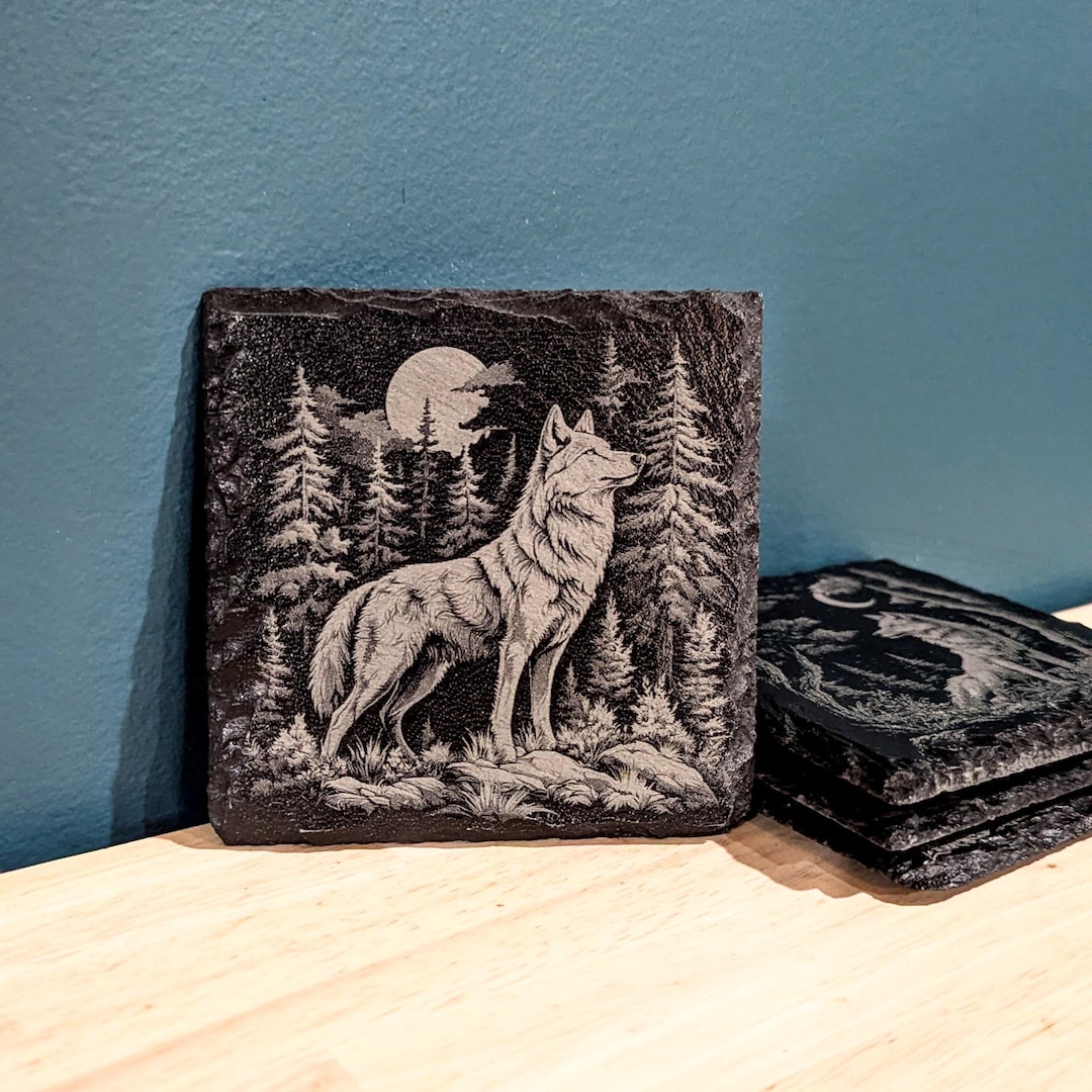 Wolf Slate Coaster Set – 4-piece Laser-engraved Wolf Coasters – Veteran ...