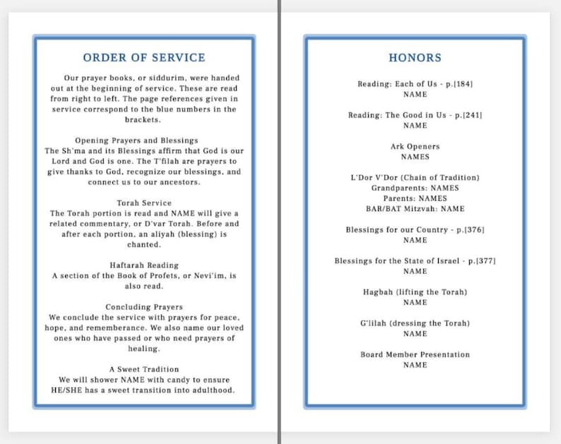 Simple Program B'nai Mitzvah, Print at Home, Template, Bat Bar B'nei ...