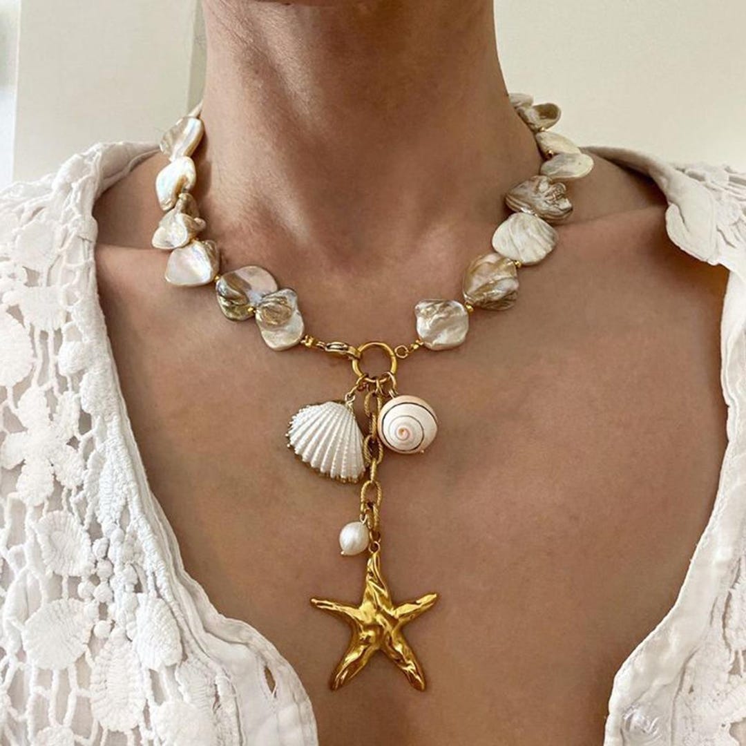 18K Gold Plated Stainless Steel Beach Starfish Shell Pearl Pendant ...