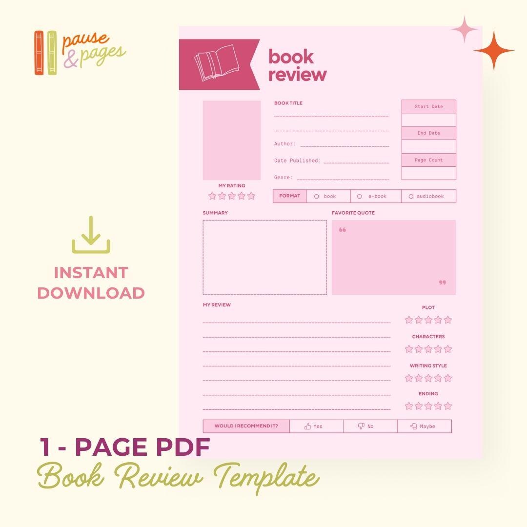 Pink Book Review Template | Reading Journal PDF (A4, A5, Letter) - Etsy