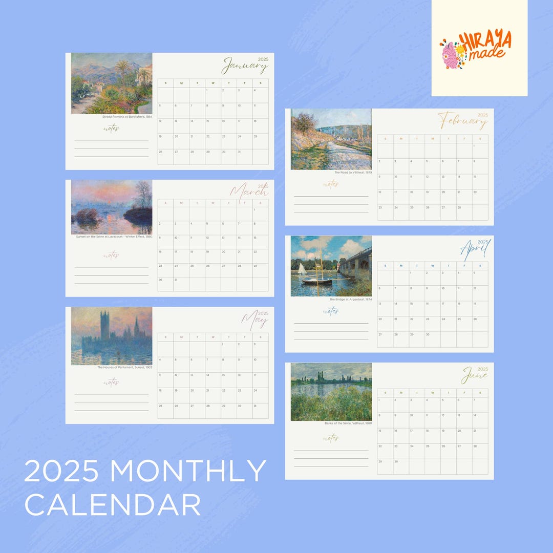 2025 Printable Calendar Claude Monet A4 Letter Size Monday & Sunday ...